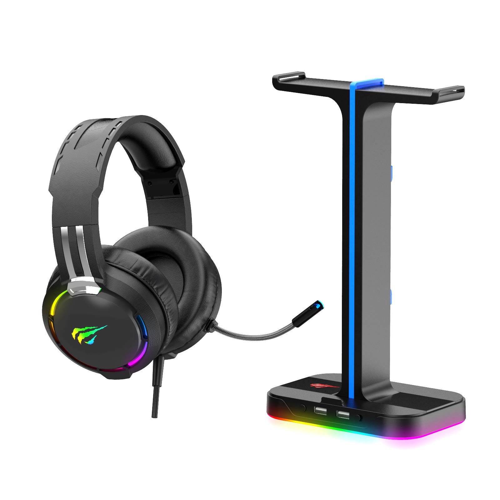 Havit RGB Gaming Headset and Headphone Stand 2 in 1 Set, Desk Dual Headset Hanger Base with Phone Holder & 2 USB Port, Gaming Headphone with Mic for Desktop PC Game PS4 PS5 Xbox