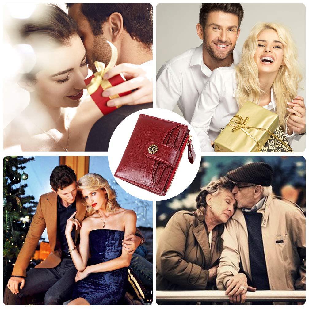 Dyeek Women Genuine Leather Wallet Short Wallet Ladies Purses Luxury Wax Leather Card Holder Large Capacity Multiple Card Position Zipper Coin Pocket(Wine Red) , Medium