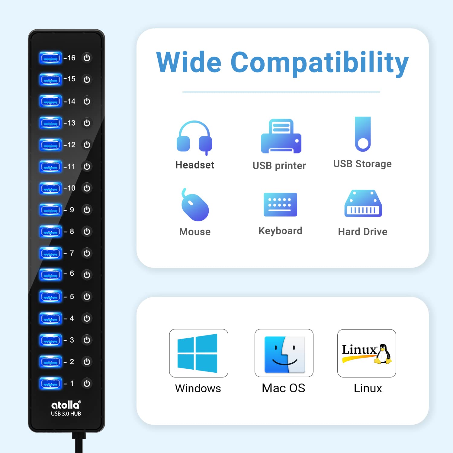 atolla USB Hub 3.0 Powered, 16 Ports USB Data Hub Splitter with Individual ON/Off Switches and 12V/6A Power Adapter, 5Gbps High Speed, USB Extension for Laptop, PC, Mobile HDD, Flash Drive
