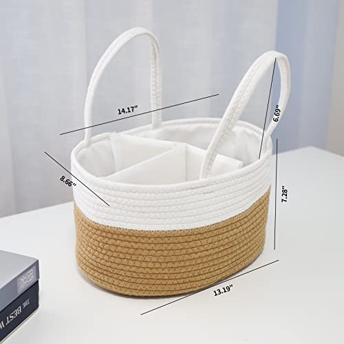 HODAKJUE Baby Diaper Caddy Organizer, Cotton Rope Nursery Storage Basket, Car & Changing Table Tote for Newborn Boys Girls ( White & Brown )