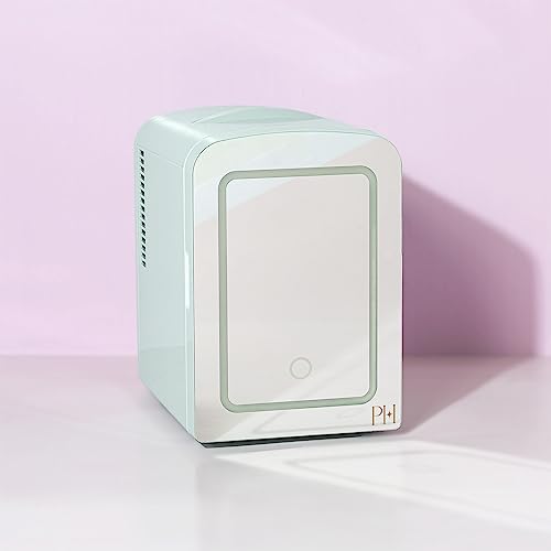 Paris Hilton Mini Refrigerator and Personal Beauty Fridge, Mirrored Door with Dimmable LED Light, Thermoelectric Cooling and Warming Function for All Cosmetics and Skincare Needs, 4-Liter, Aqua