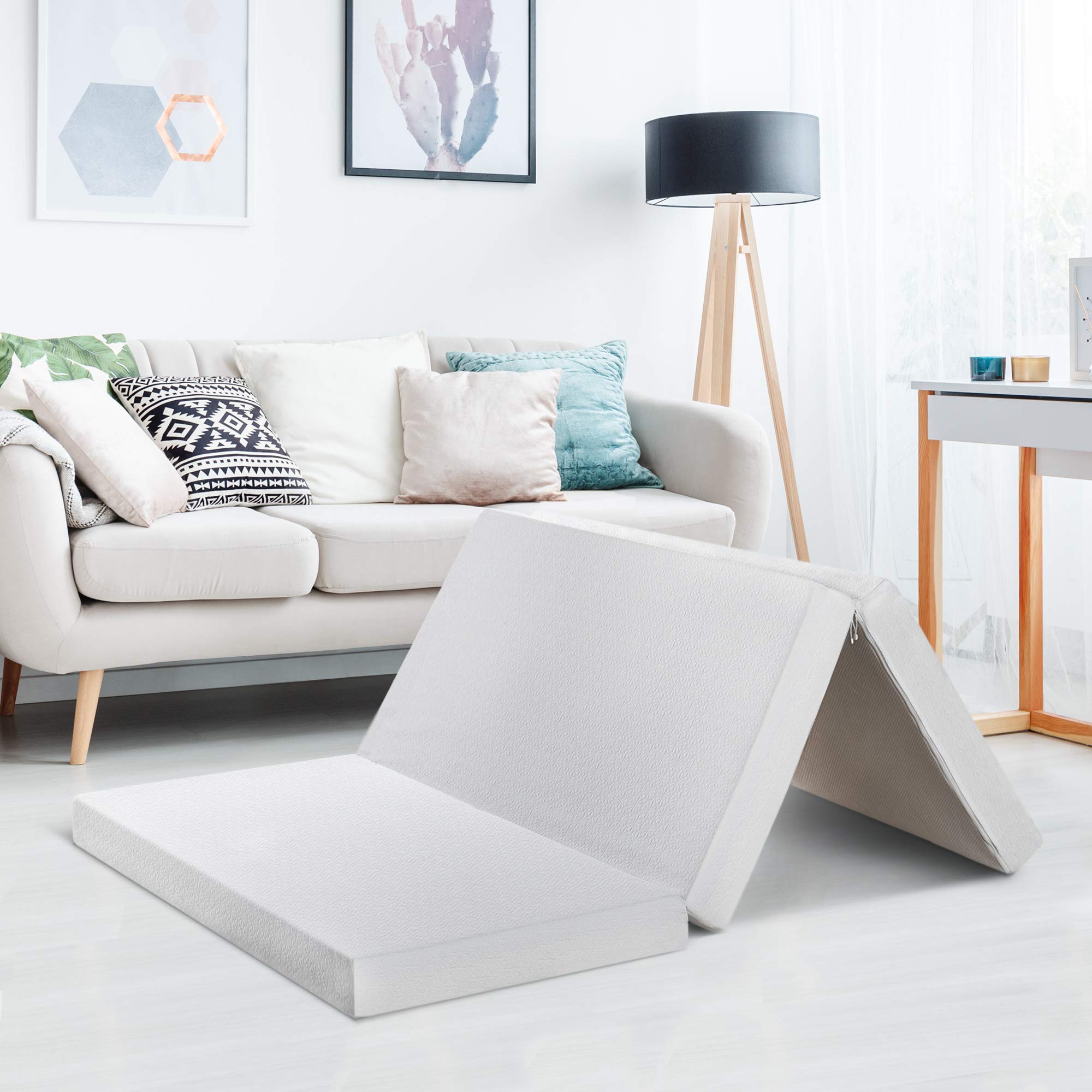 Best Price Mattress 4 Inch Trifold Memory Foam Mattress Topper with Cover, CertiPUR-US Certified, Short Queen