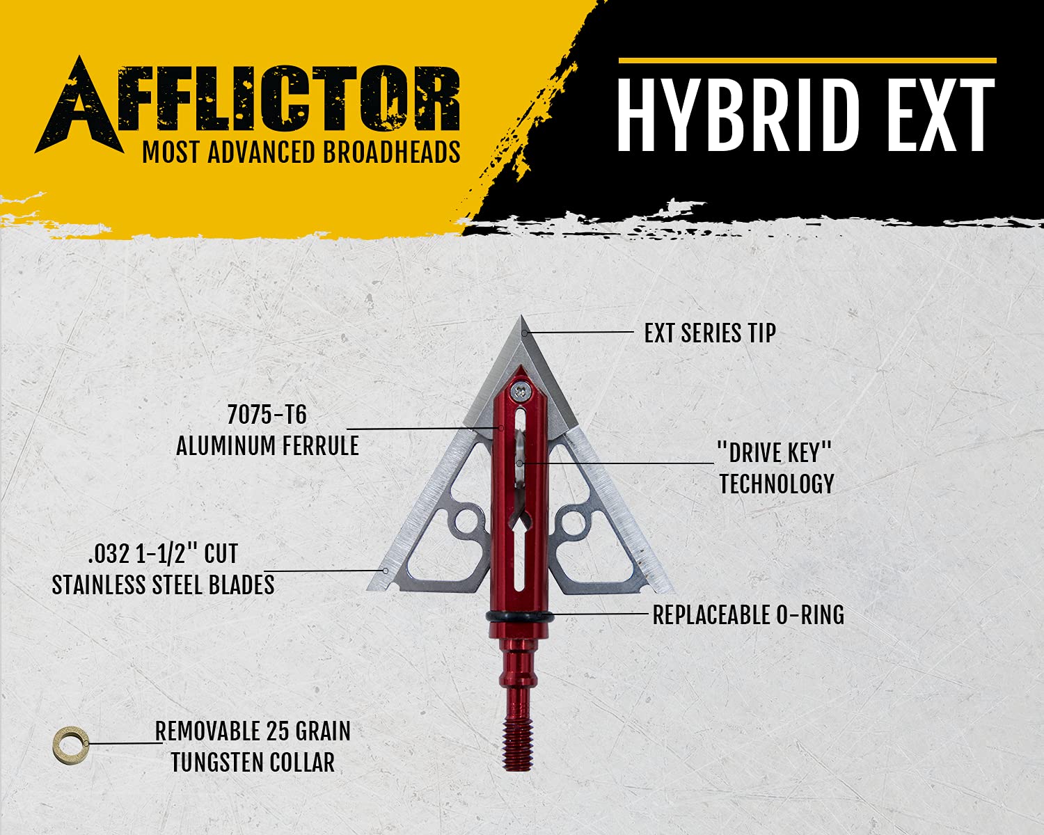 Afflictor Hybrid-EXT Broadhead | Patented Drive-Key Hybrid Design | Superior Penetration | Field Point Accuracy | Durable Design | Low Profile | Shoots from Any Bow | Devastating 1-1/2" Cut