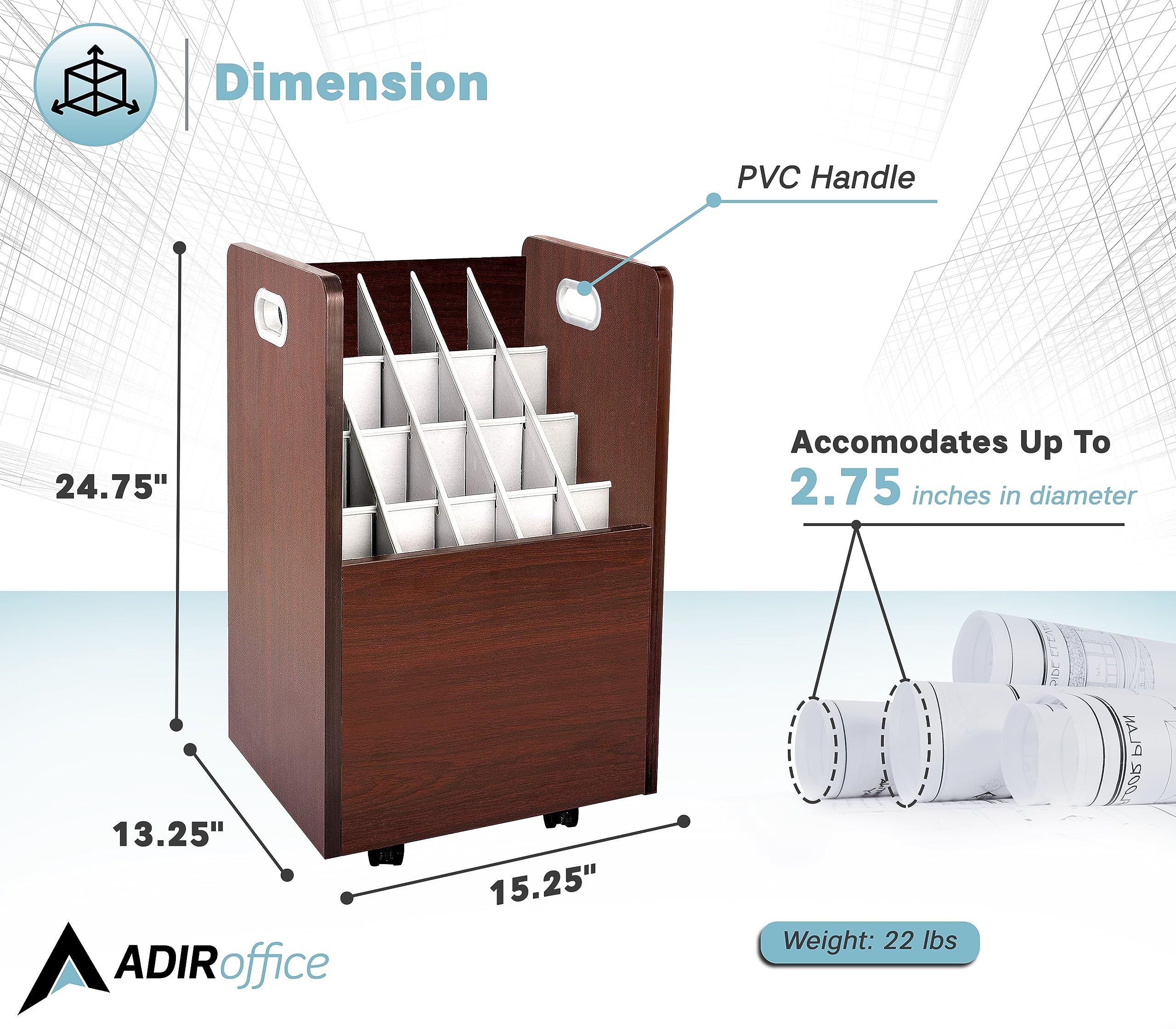 Adir Mobile Blueprint Roll File Holder - Mobile Roll File Organizer Cart for Home Office or School. 20 Slots Blueprint File Holder with Wheels for Maps, Plans, Posters
