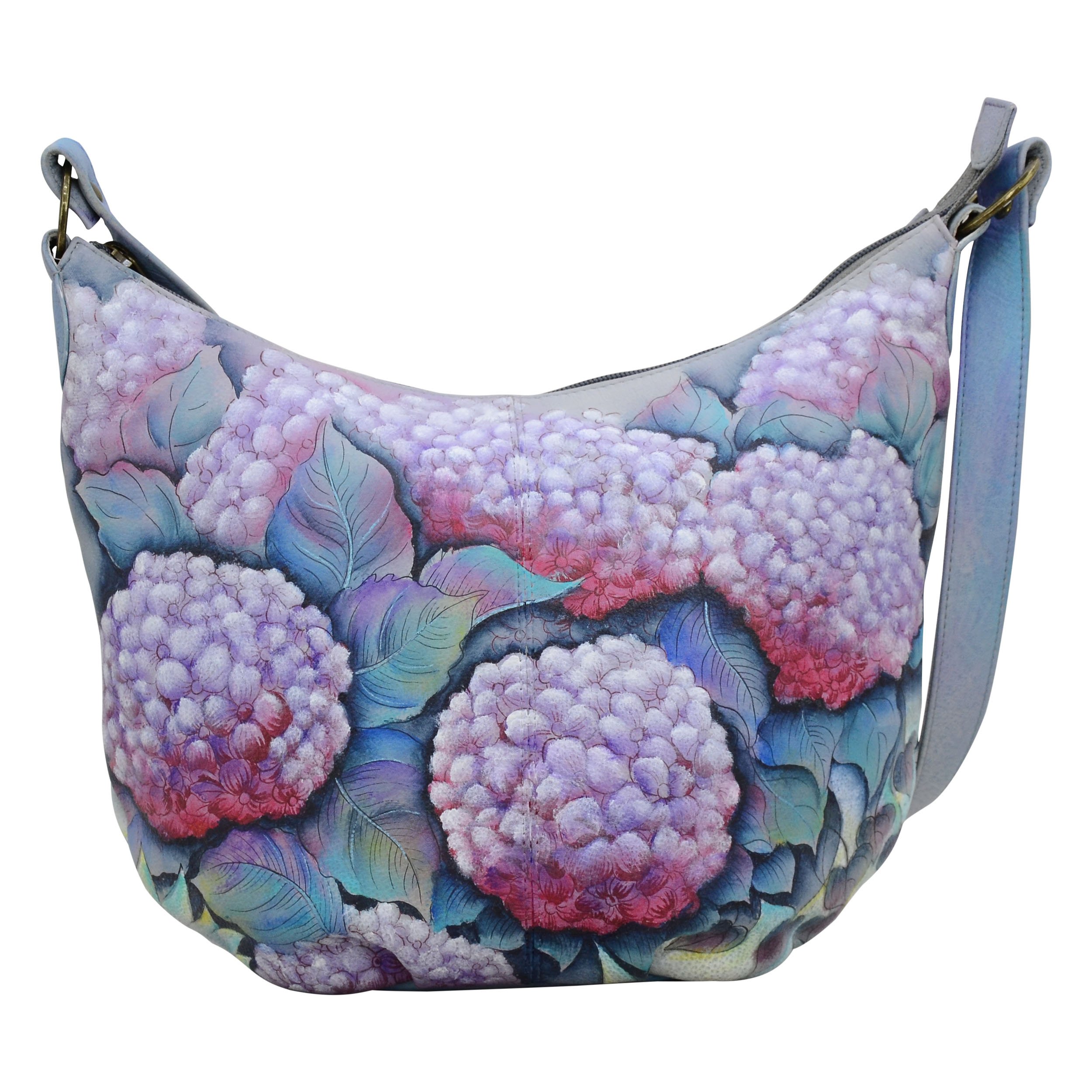 Anuschka Women’s Hand Painted Genuine Leather Classic Ruched Hobo - Hypnotic Hydrangeas