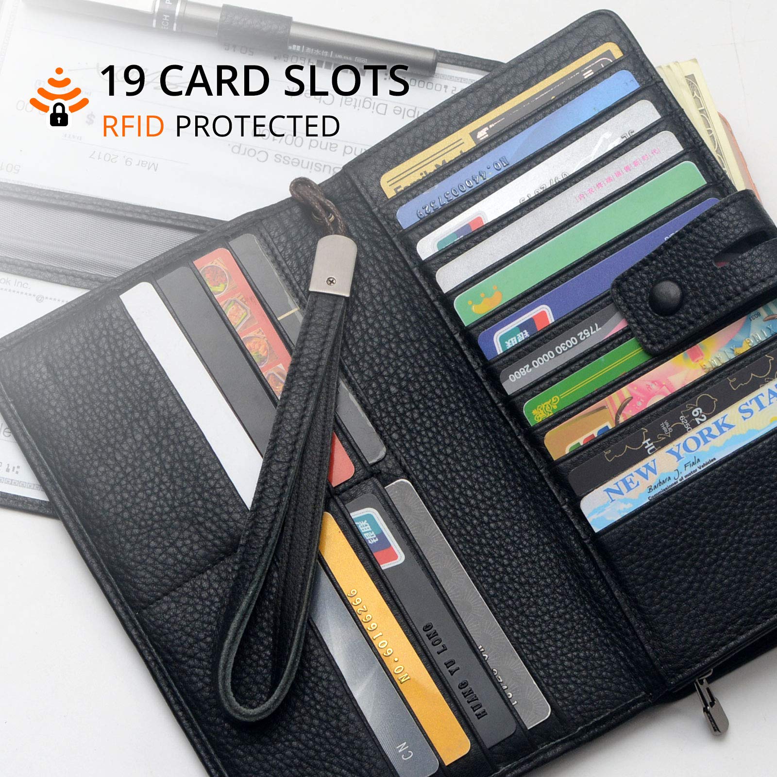 Bveyzi Women's Big Fat Rfid Leather Wristlet Wallet Organizer Large Phone Checkbook Holder with Zipper Pocket (Dark Green)