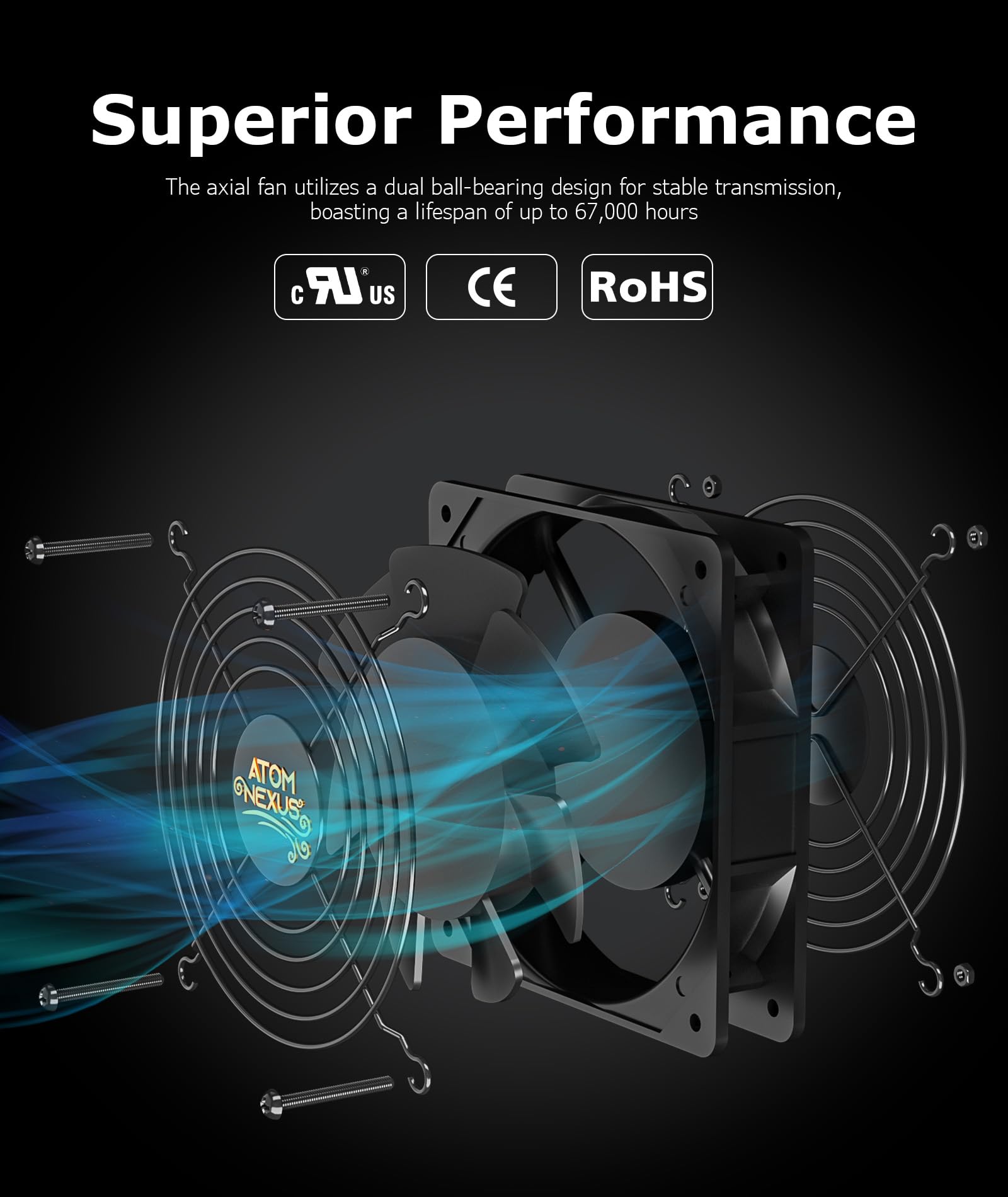 ATOM NEXUS AC Axial Fan AN1225, 120V Computer Fan with AC Plug, Quiet Muffin Fan, 120mm x 25mm Computer Cooling Fan for DIY Cooling Ventilation Exhaust Projects