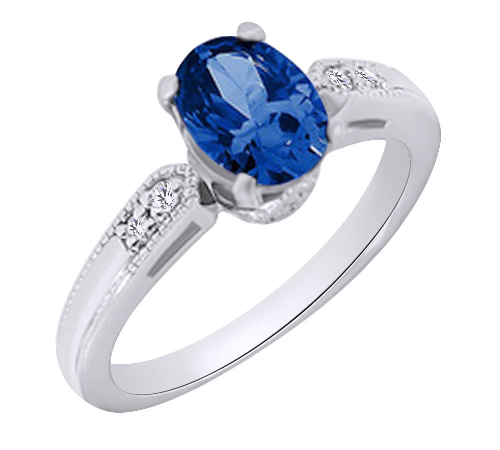 AFFY 1.05 cttw Simulated Blue Sapphire & White Natural Diamond Antique Style Engagement Wedding Ring in 14k White Gold with Ring Size -12