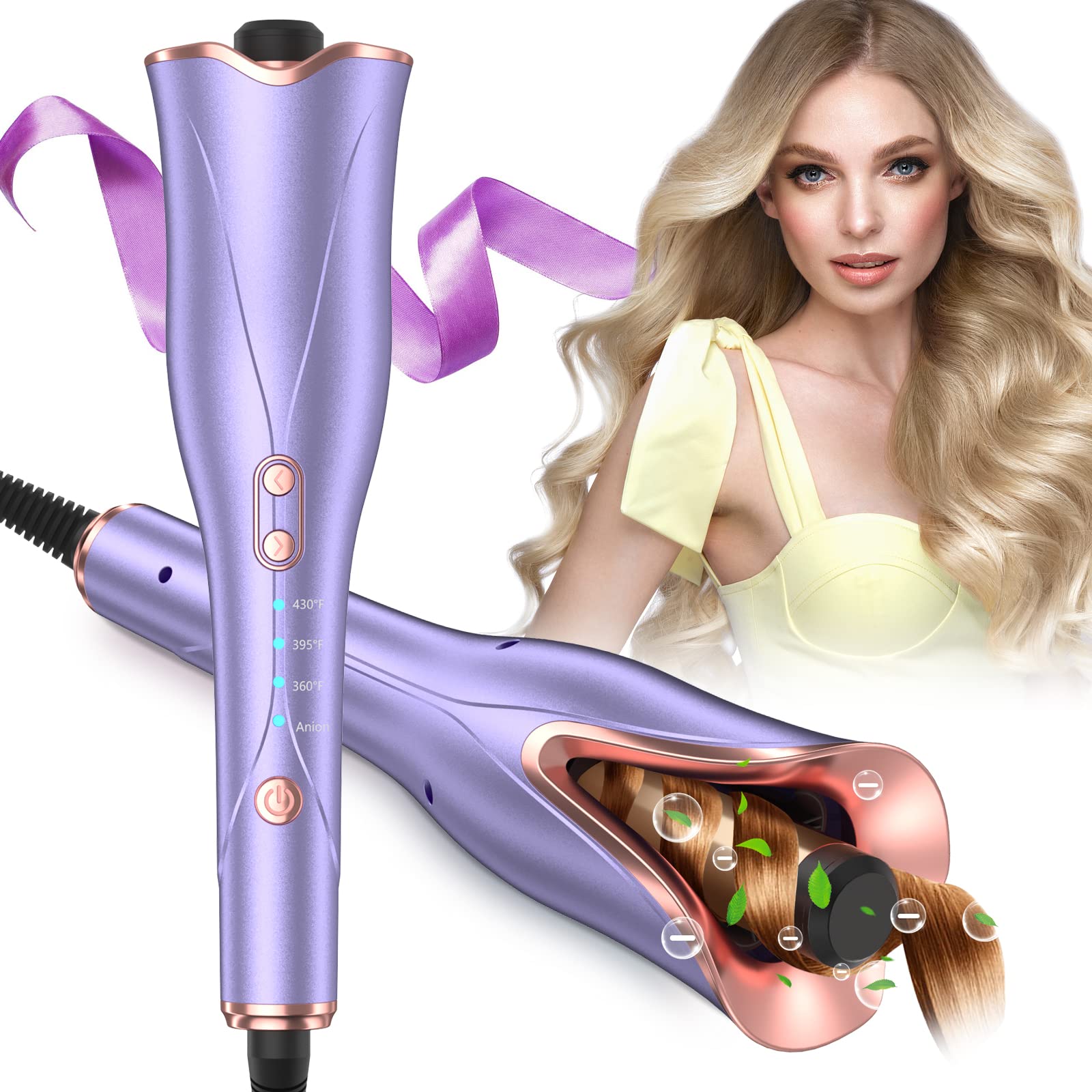 Automatic Curling Iron, Curling Iron with Adjustable 3 Temps & 3 Timer Settings, Auto Shut-Off, Anti-Scald Auto Hair Curler with Spin Iron Fast Heating Styling Tools & Appliances