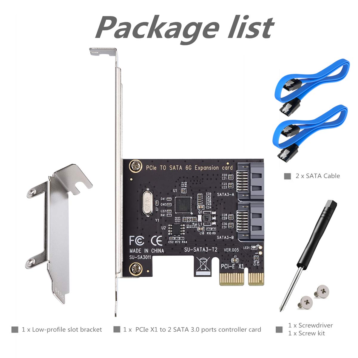 MHQJRH PCI Express SATA 3.0 Controller Card, 2-Port PCIe to SATA III 6GB / s Built-in Adapter Converter, PCI-E to SATA 3.0 Disk Array Card,with Small Bracket and 2 SATA Cable Support SSD and HDD
