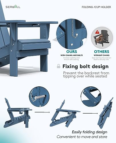 SERWALL Folding Adirondack Chair, HDPE Adirondack Chairs, Plastic Outdoor Chairs- Looks Exactly Like Real Wood- Navy