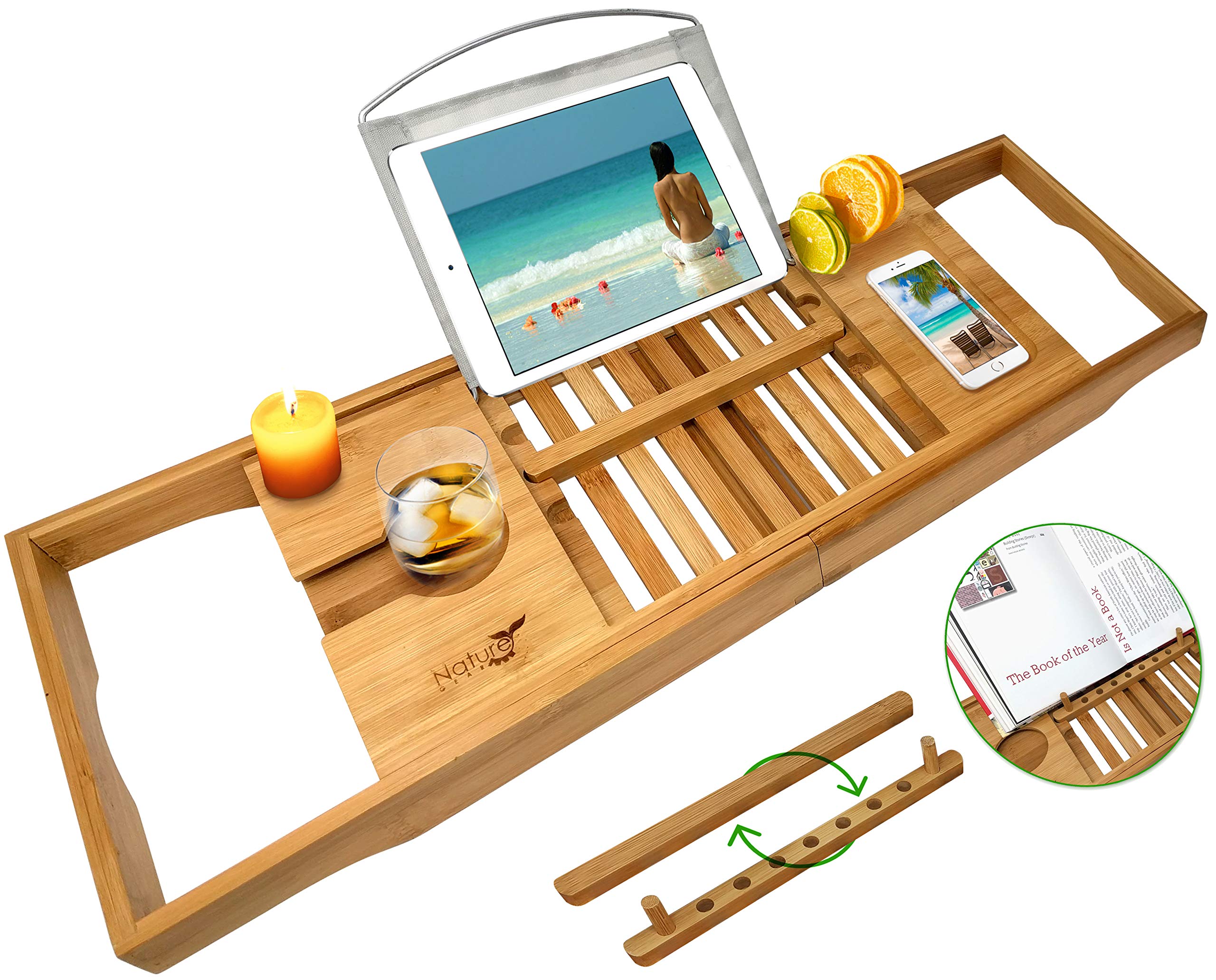Nature Gear Bamboo Bathtub Tray, Waterproof & Durable Wooden Bath Tray Table for Tub, Extendable Reading Caddy with Phone & Tablet Holder, Easy-to-Adjust Bamboo Trays for Bathroom, Premium Bamboo