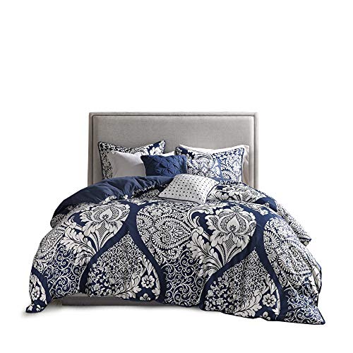 Madison Park Vienna Sateen Cotton Comforter Set, Breathable, Soft Cover, Trendy, All Season Down Alternative Cozy Bedding with Matching Shams, King, Indigo 7 Piece