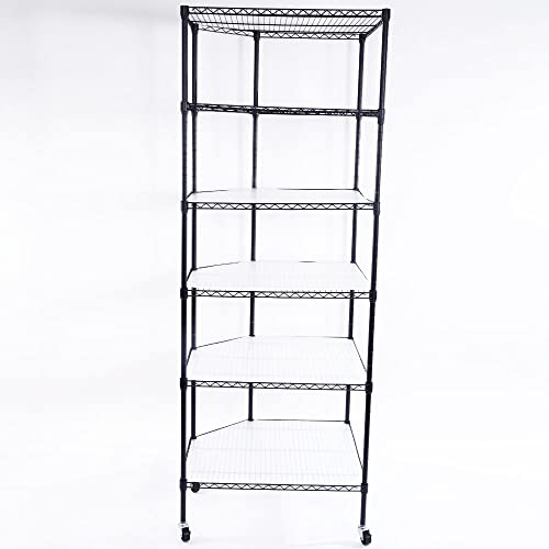 Wire Shelving 6 Tiers Polygonal Corner Shelf, Metal Storage Standing Rack with Wheels, Corner Wire Shelf for Kitchen, Garage and Living Room( US Shipping) (Black)