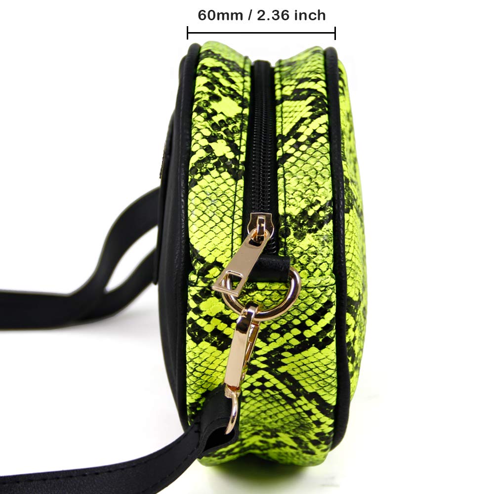 by you Women Fashion Snakeskin Pattern Small Round Cellphone Crossbody Purse Shoulder Bag Belt Bag Adjustable Strap (Round Snake Print - Neon Yellow)