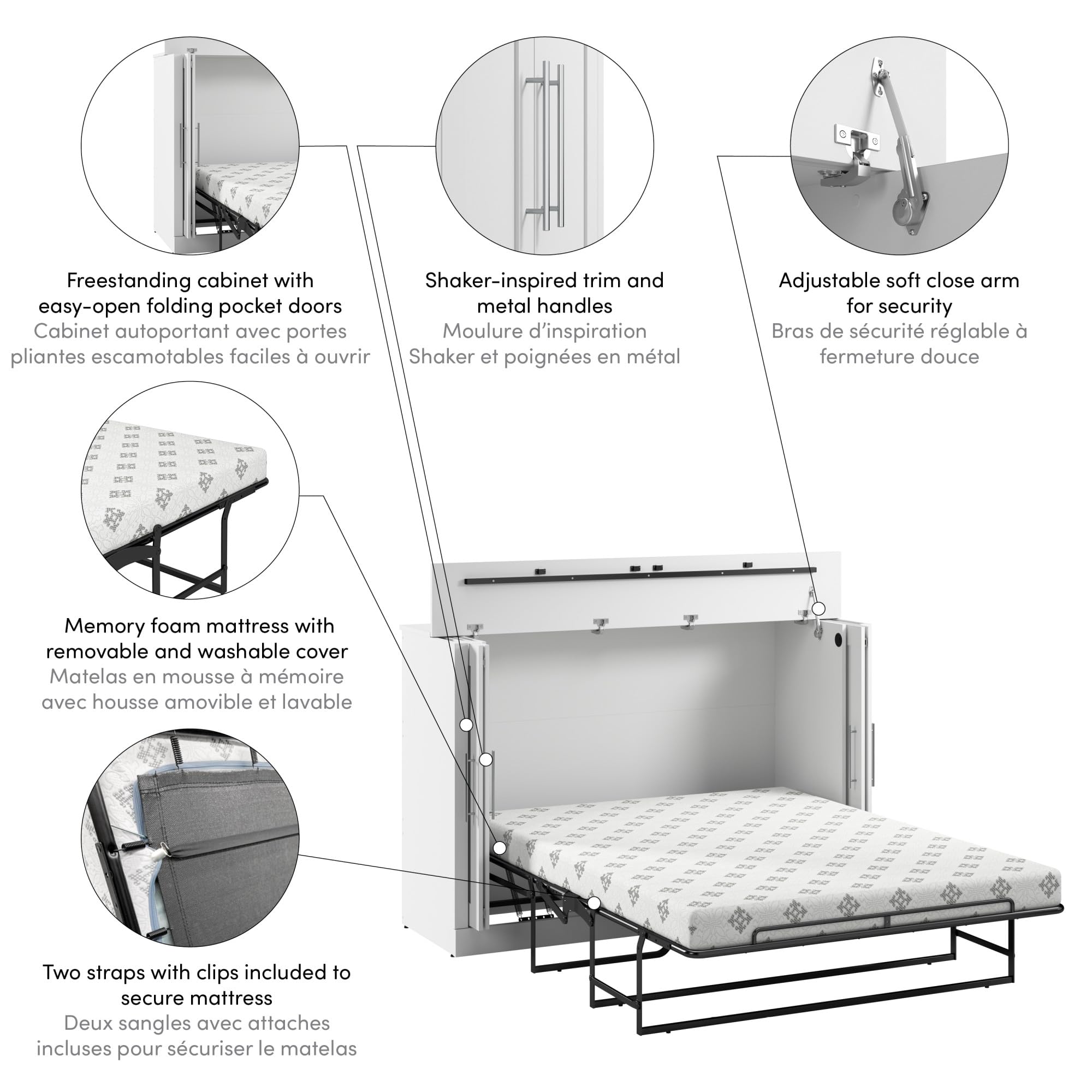 Bestar Pur 75W Queen Size Murphy Cabinet Bed with Mattress in White, 75-inch Space-Saving Sleeping Arrangement for Multipurpose Guest Room or Home Office