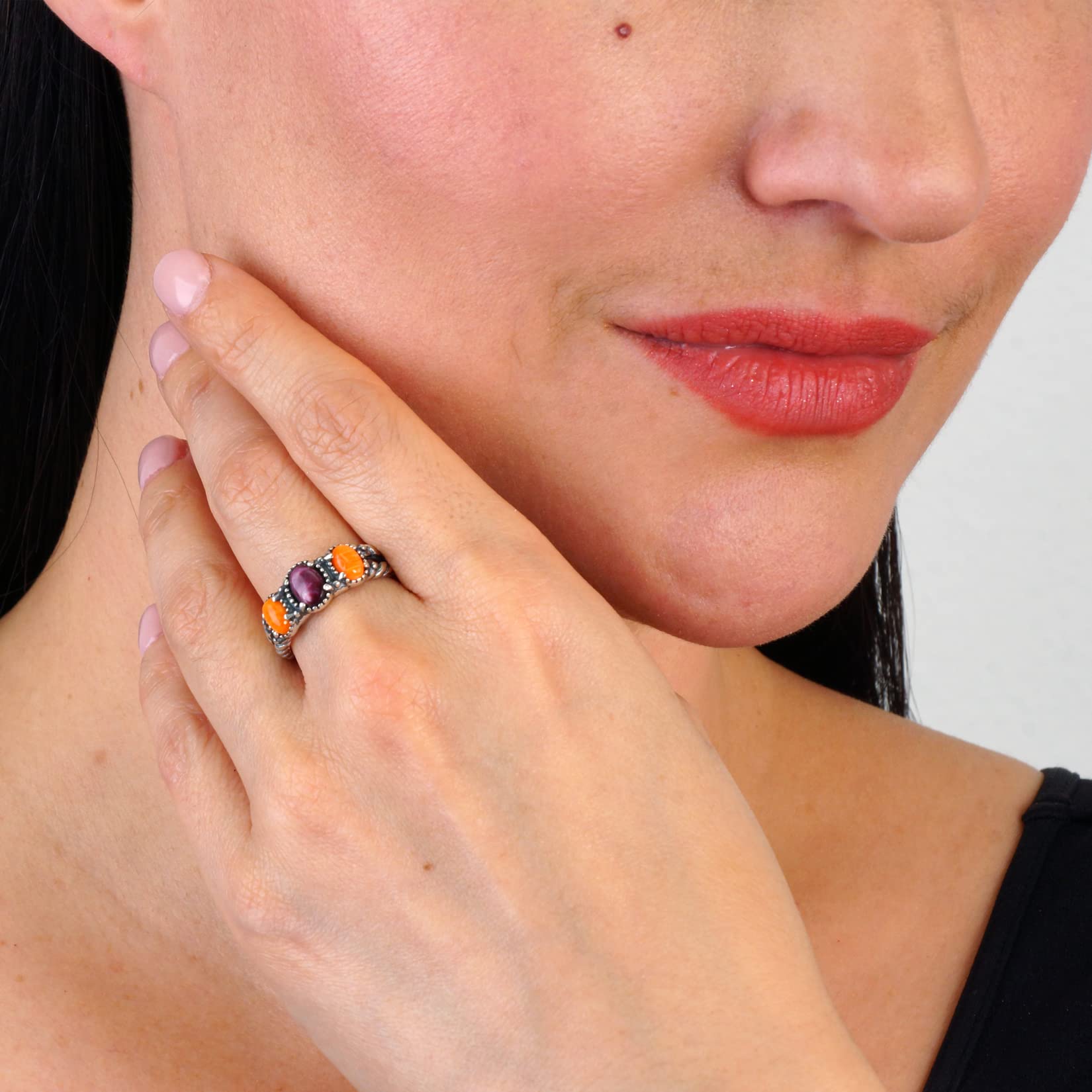 American West Jewelry Sterling Silver Women's Ring Purple Spiny & Orange Spiny Gemstone 3-Stone Design Size 6