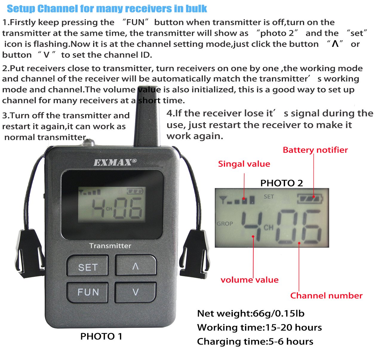 EXMAX ELGT-470 UHF Wireless Tour Guide Acoustic Audio Voice Transmission System 100 Channels for Private Speech Social Distancing Training Meeting Travel 1 Transmitter 10 Receivers Black Storage Case