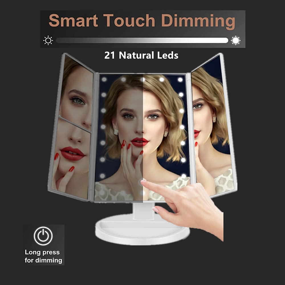 AMMIY Vanity Makeup Mirror with Lights, 1x/2x/3x/10x Vanity Mirror with 21 LED Lights, Touch Screen Switch Tri-Fold Design 180° Rotation LED Makeup Mirror, Dual Power Supply LED Mirror Makeup