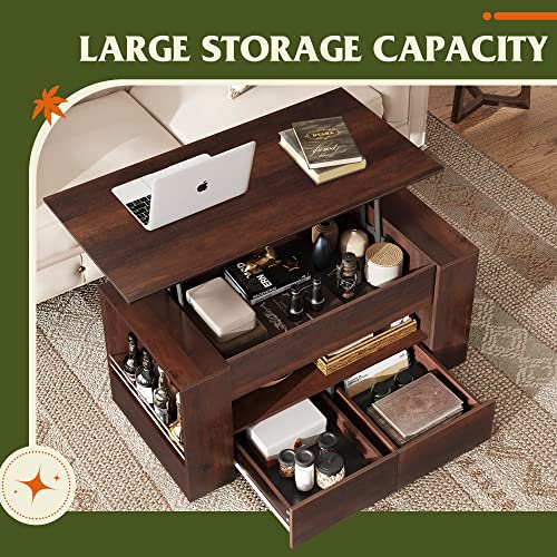 WLIVE Lift Top Coffee Table with Storage,Small Coffee Table with Drawers for Living Room,Hidden Compartment and Open Shelf,Central Table for Reception Room,Espresso