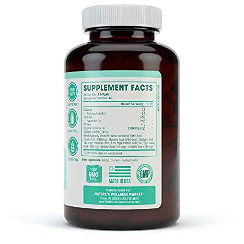 Natures Wellness Organic Coconut Oil 2000mg - Healthy Skin, Nails, Hair Growth – Extra Virgin, Cold Pressed, Unrefined Non GMO - Rich in MCT MCFA - Support Brain Function