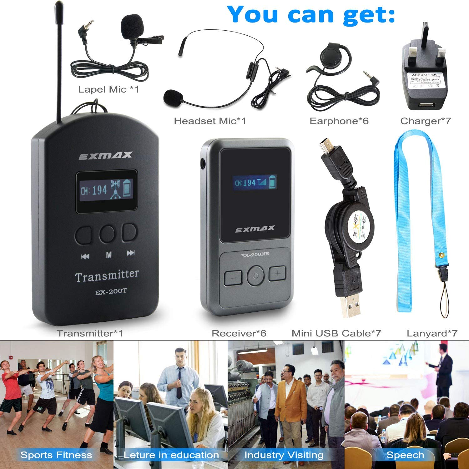 EXMAX EX-200N UHF Wireless Tour Guide System Hands-free Transmitter Receiver 200 Channels for Church Translation, City Museum Tour, Equestrian Training, hajj - 1 Transmitter & 6 Receivers