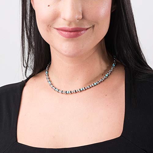 American West Sterling Silver Women's Strand Necklace Blue Turquoise Gemstone and Silver Beaded 15 to 17 Inch