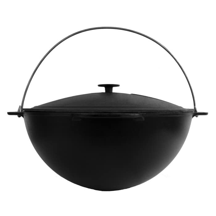 BRIZOLL Cast Iron Uzbek Kazan Dutch Oven Pot with Lid 10.5 qt. (10 L) Asian Cauldron Camping Wok Cooking Kitchen