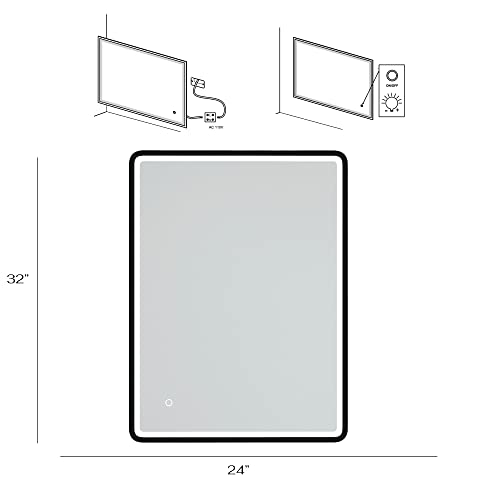 AMOCID Wall Mount Mirror for Bathroom with Lights 32 x 24 inch Rectangular Black Framed Wall-Mount Anti-Fog LED Light Bathroom Vanity Mirror Vertical or Horizontal