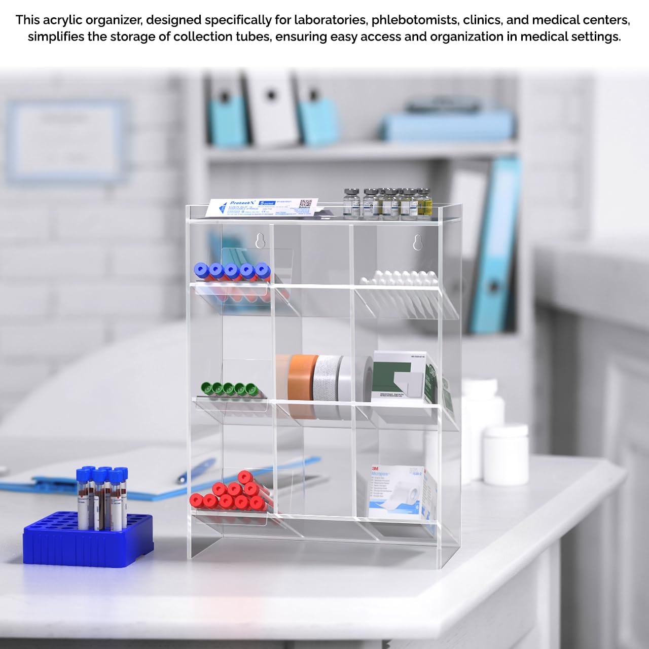 Tube Rack Clear Acrylic 9 Compartment 11.5" x 5.5" x 16" Wall Mount with Hanging Hardware or Countertop Phlebotomists Scientists Nurses Physicians Emergency Technicians by Marketing Holders
