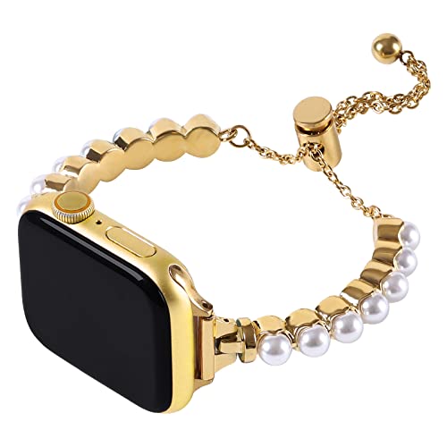WONMILLE Gold Bracelet Compatible with Apple Watch Band 38mm 40mm 41mm Women, Slim Dressy Design Jewelry Metal Strap Stainless Steel Bling Bangle for iWatch Series 8/7/SE/6/5/4/3/2/1 (Peal Gold)