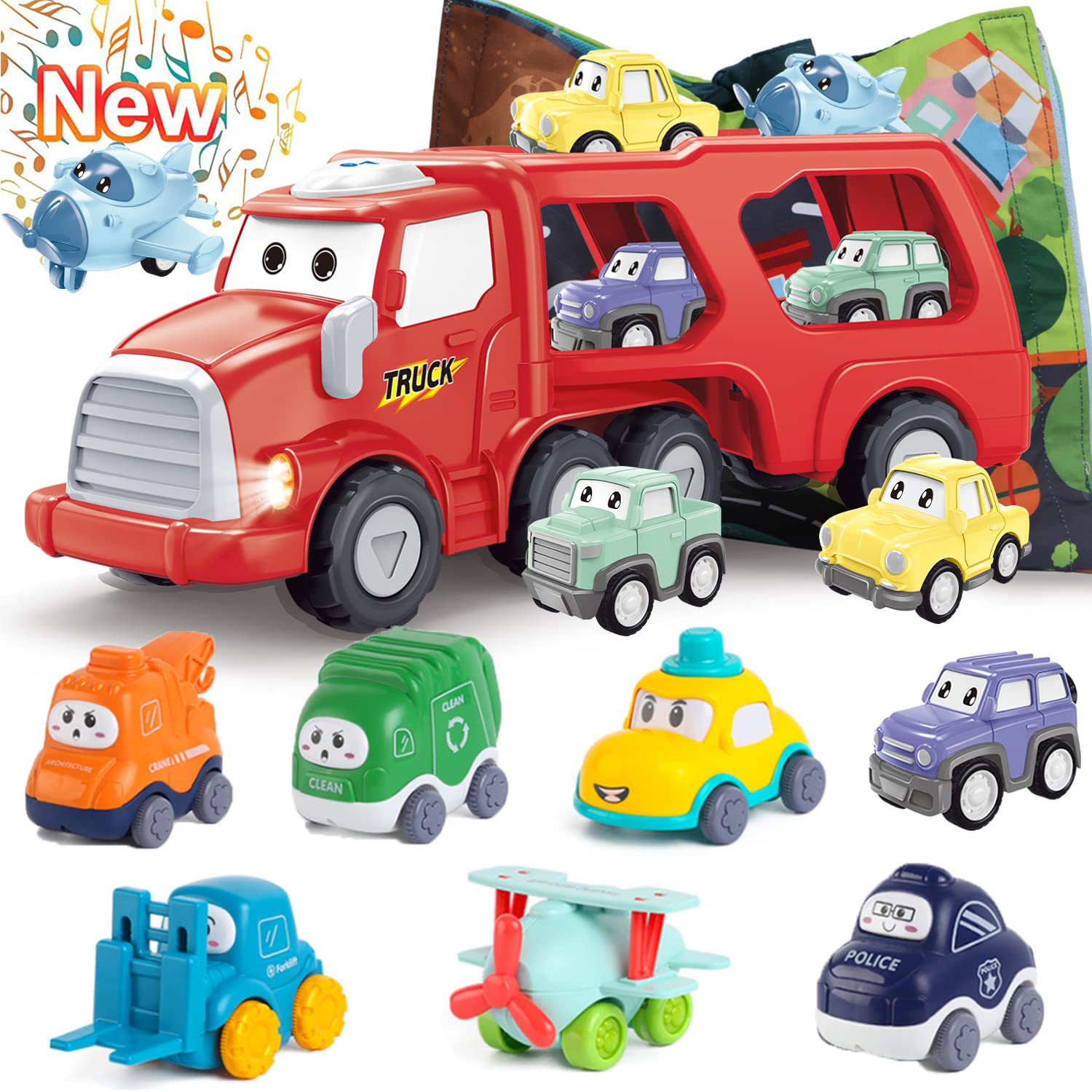 SQZUWIT Toddler Toys Car for 1 2 3+ Year Old Boys - 11 in 1 Music and Lighting Carrier Trucks - Age Kids 4-6 Toys 12-18 Months Christmas Party Birthday Baby Gift Toddler Toys Age 1-2