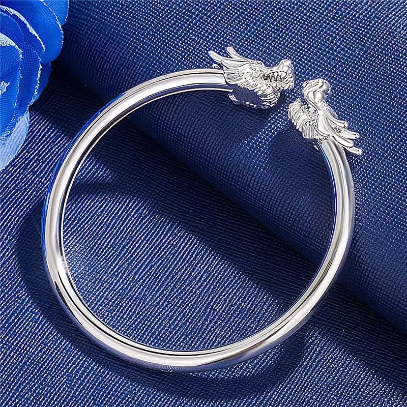 AdjustableSterling Silver Bangle Bracelet, Blue Diamond Bracelet,Sterling Silver Bracelet for Women,Women 925 Sterling Silver Bracelet Double Dragon's Head Cuff Bangle