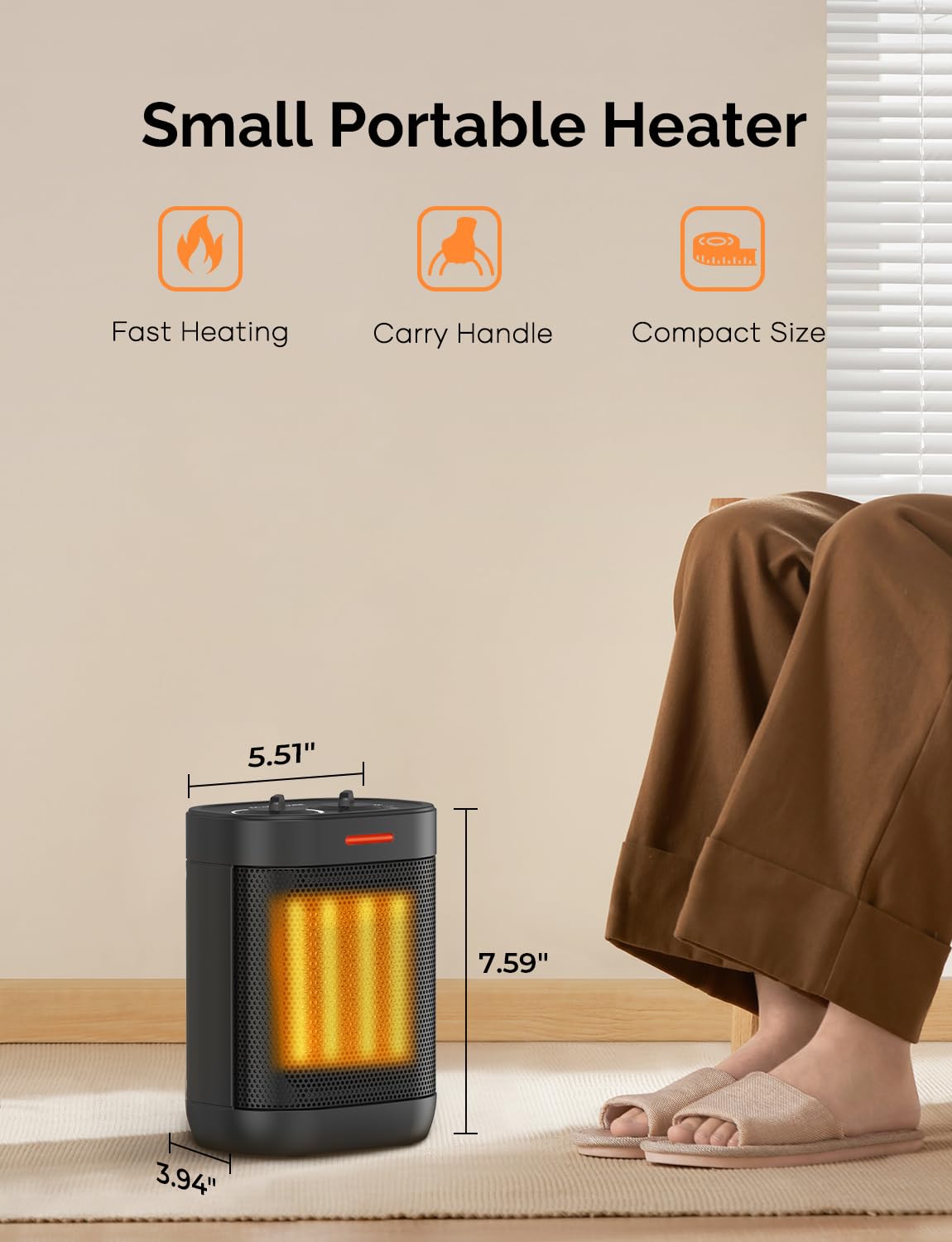 Small Space Heater for Indoor Use, PTC Electric Heater for Bedroom, 1000W Fast Heating with Thermostat, Overheating & Tip-Over Protection, Portable Small Heater