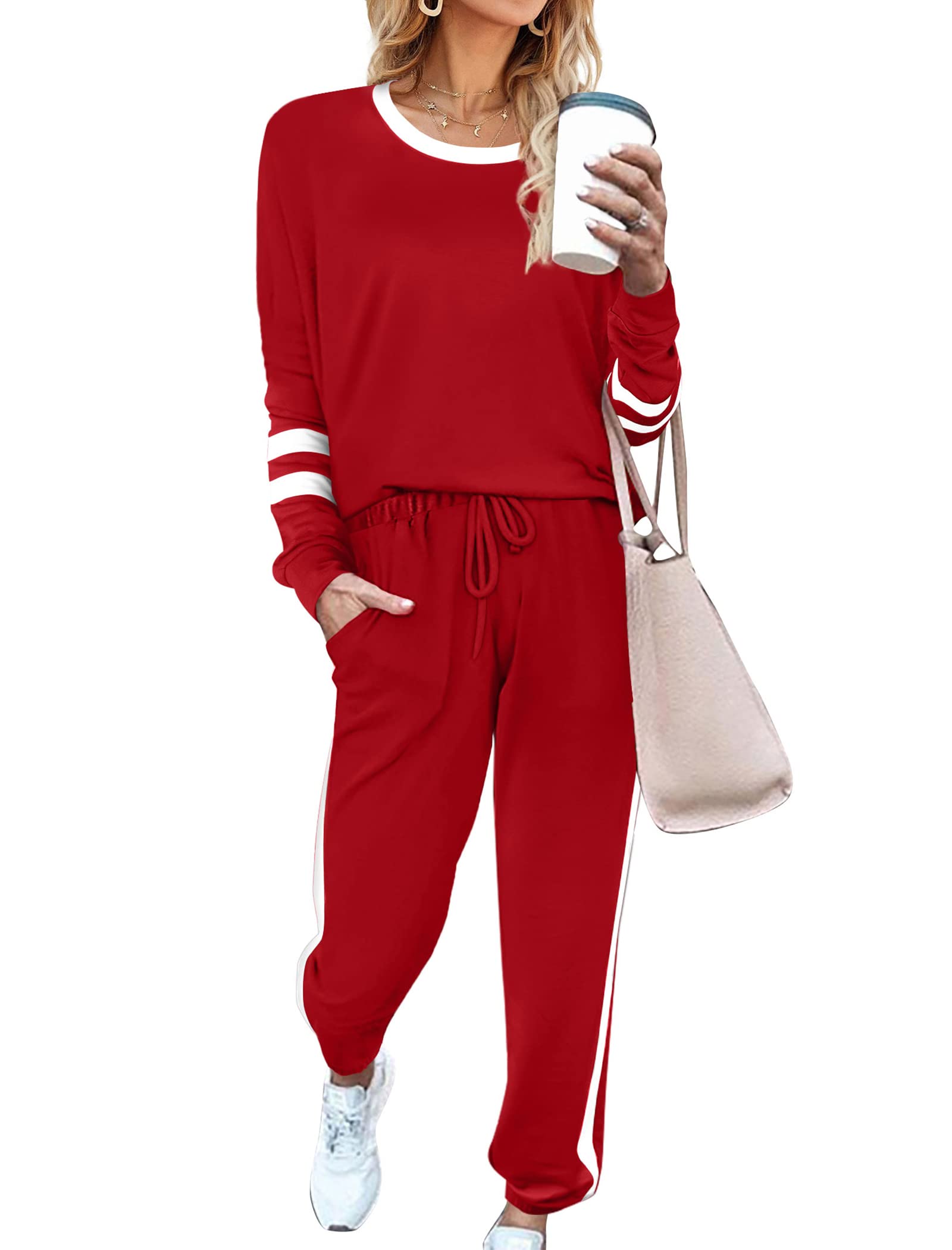 Aloodor Lounge Sets for Women 2 Piece Travel Outfits Stripe Sleeve Tops Red L