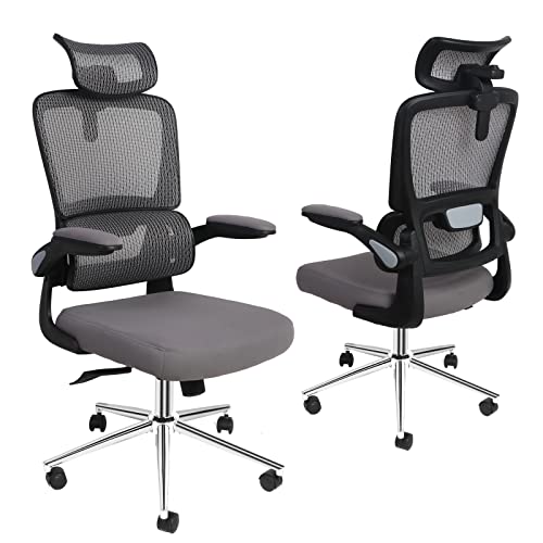 Home Office Chair Ergonomic Mesh Desk Chair with Headrest& Flip up Armrest Gaming Chair Computer Chair with Lumbar Support, Swivel Chair Executive Chairs High Back Office Chair, Grey, 1 Pack