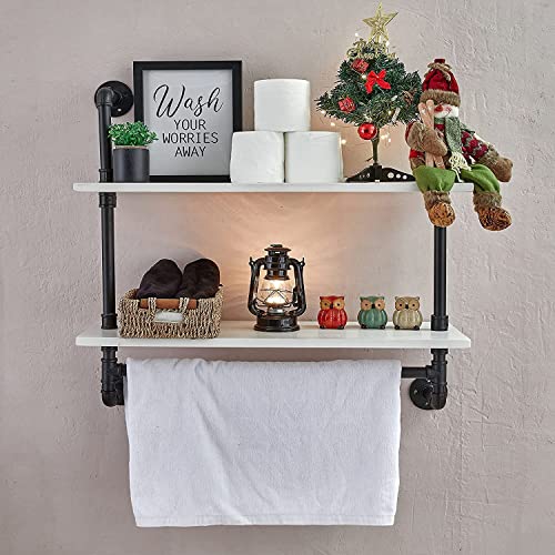 ROGMARS Industrial Pipe Shelving Floating Bathroom Shelves with Towel Bar Over Toilet,2 Tier 30 inch Retro White Rustic Farmhouse Pipe Wall Shelves for Kitchen Storage (30inch 2 Tier)