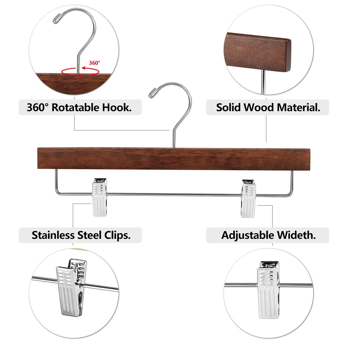 AMKUFO 20pcs Wooden Pants Hangers Solid Pants Hangers with Adjustable Clips 14 Inch Walnut Wood Skirt Hangers Trousers Bottom Hangers with Non-Slip Clips and 360° Swivel Hook