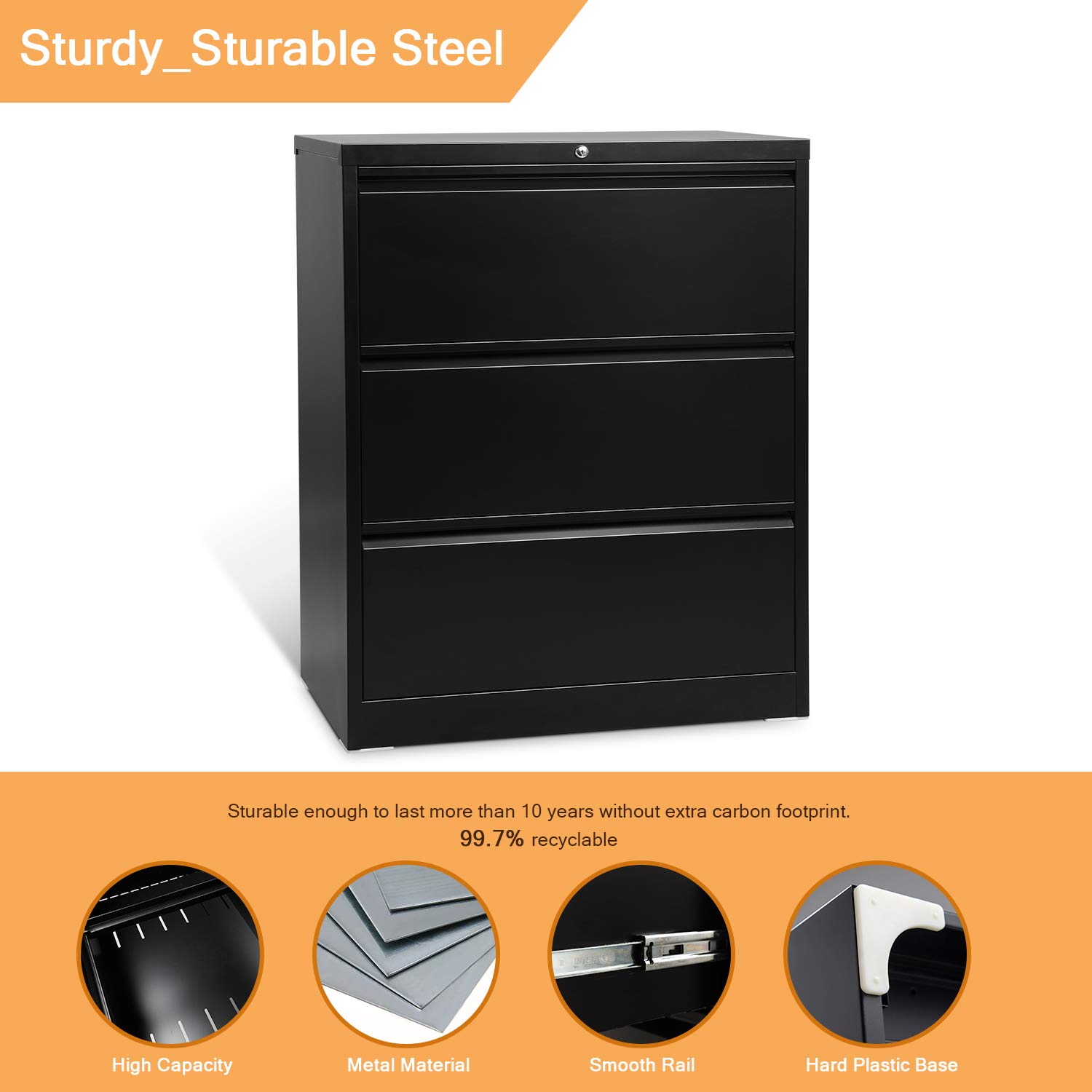AOBABO 3 Drawer Lateral Steel File Organizing Cabinet with Locking System and Adjustbale Hanging Bars for Letter/Legal Size Paper, Black