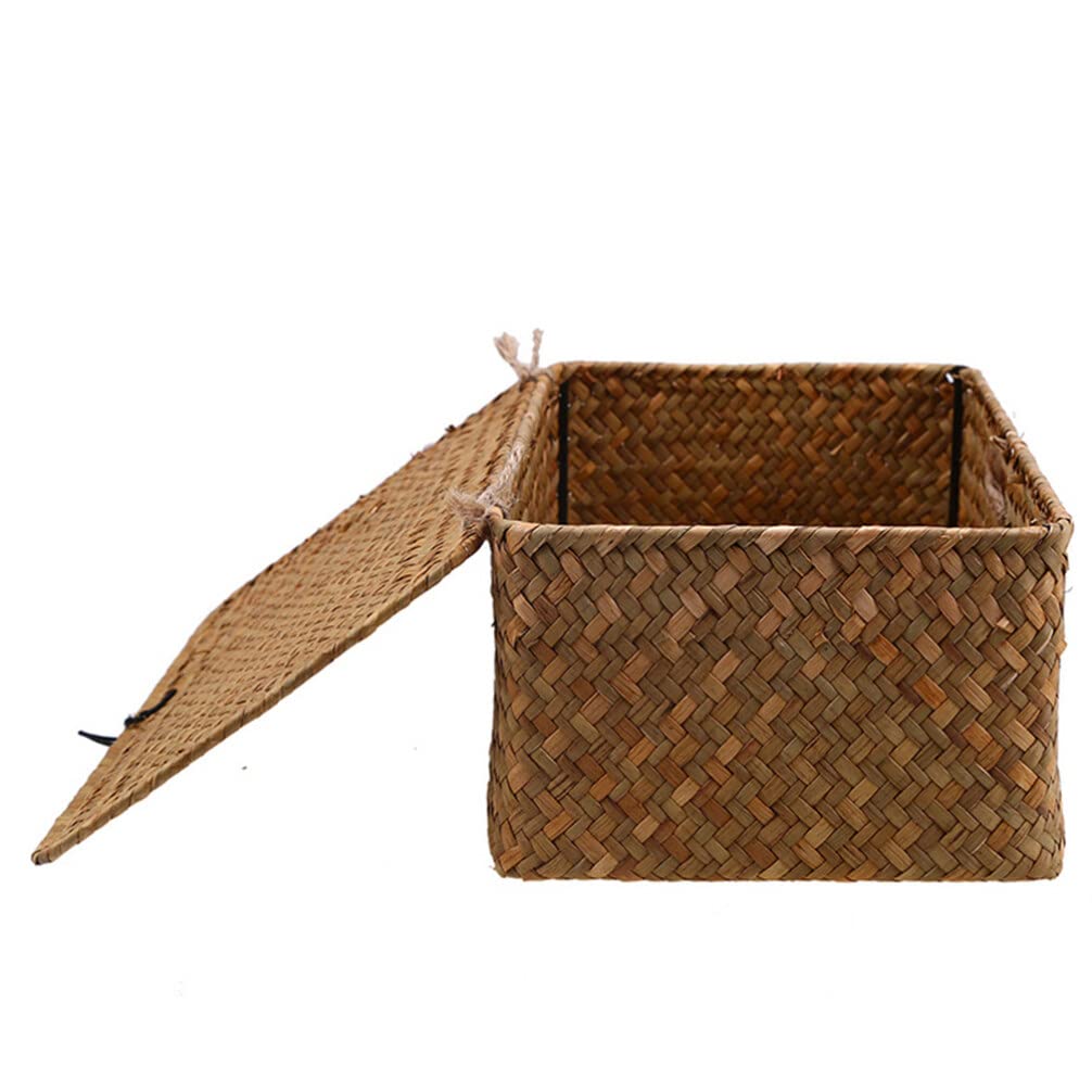 Storage Baskets for Shelves Seagrass Storage Bins with Lid Rectangular Woven Wicker Basket Rattan Storage Container Organizer for Home Shelf Size L Wicker Baskets