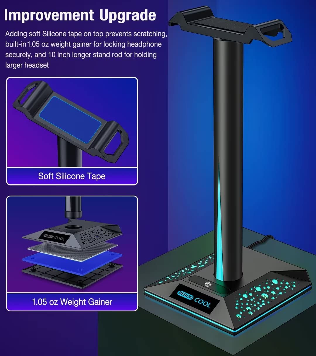 EUROA Headphone Stand Gaming Desk Headset Stand Holder with 10 RGB Lights, Head Set Desk Hook Gift Accessories for Gamer, Backpack Gaming Headpones Stand with 2 USB Charing Ports