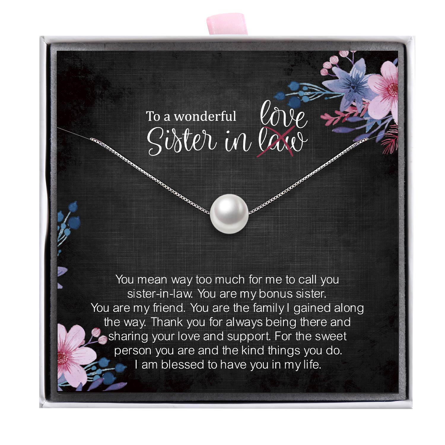 ALoveSoul Sister in Law Necklace - Sterling Silver Single Pearl Necklaces for Women, Best Sister in Law Gifts, Bride Gift Birthday Gift
