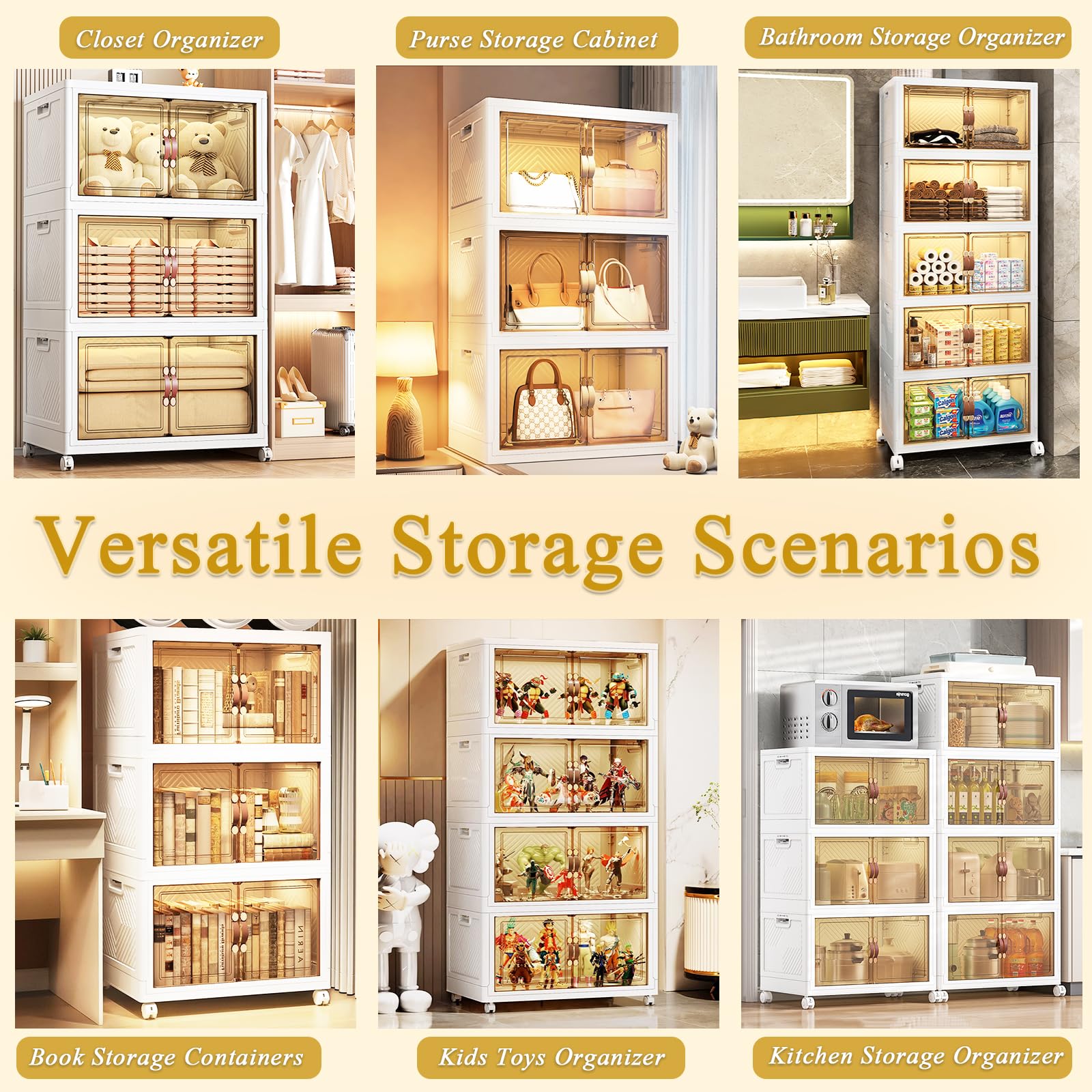 Jacriah Plastic Drawer Storage Bins with Lid, Stackable Storage Bins Open Front, Closet Organizers and Storage Cabinet with Doors and Shelves, Collapsible Storage Bins with Wheels (4 Layer-24 Gallon)