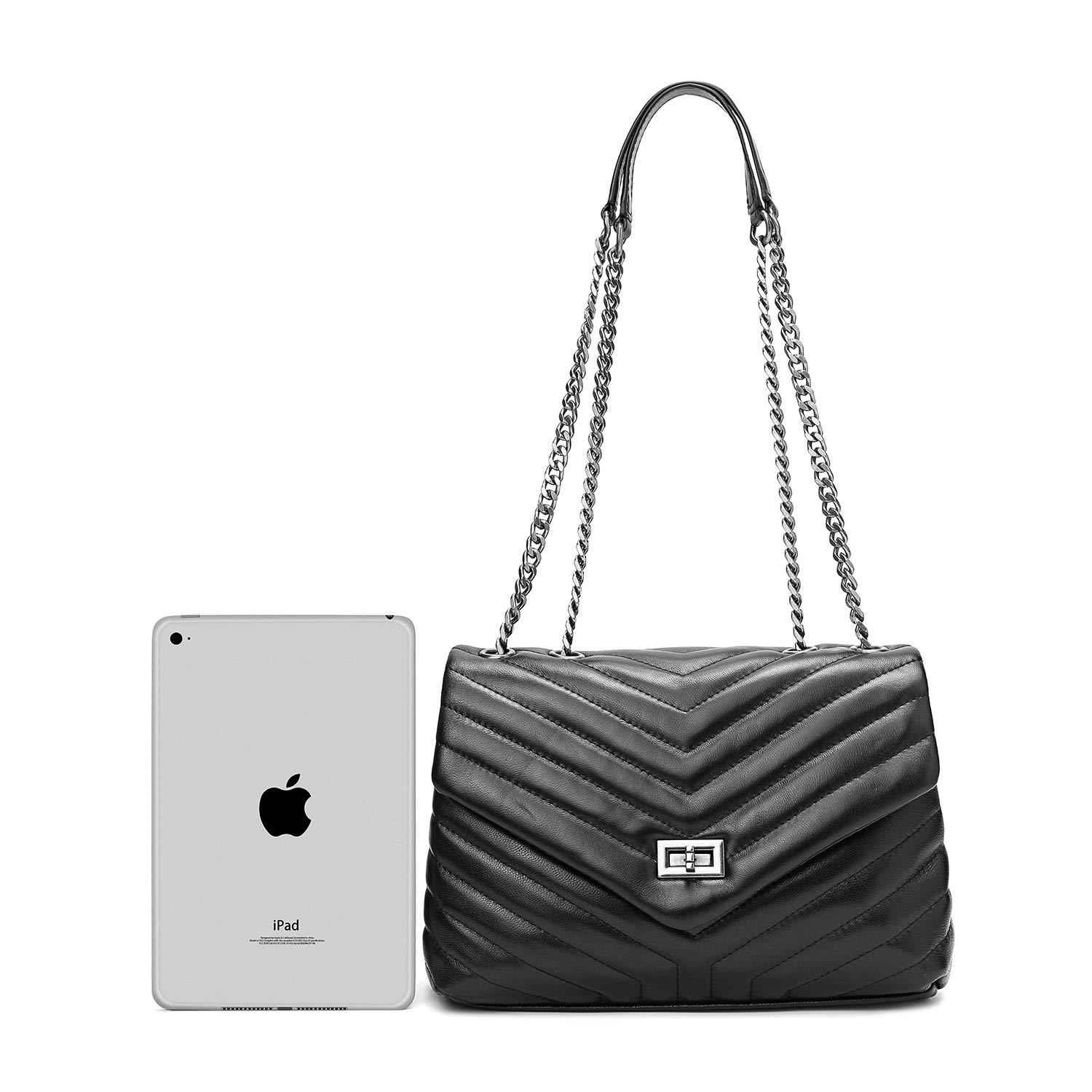 EvaLuLu Leather Quilted Chain Shoulder Bag Designer Women Flap Handbags (Medium, Black)