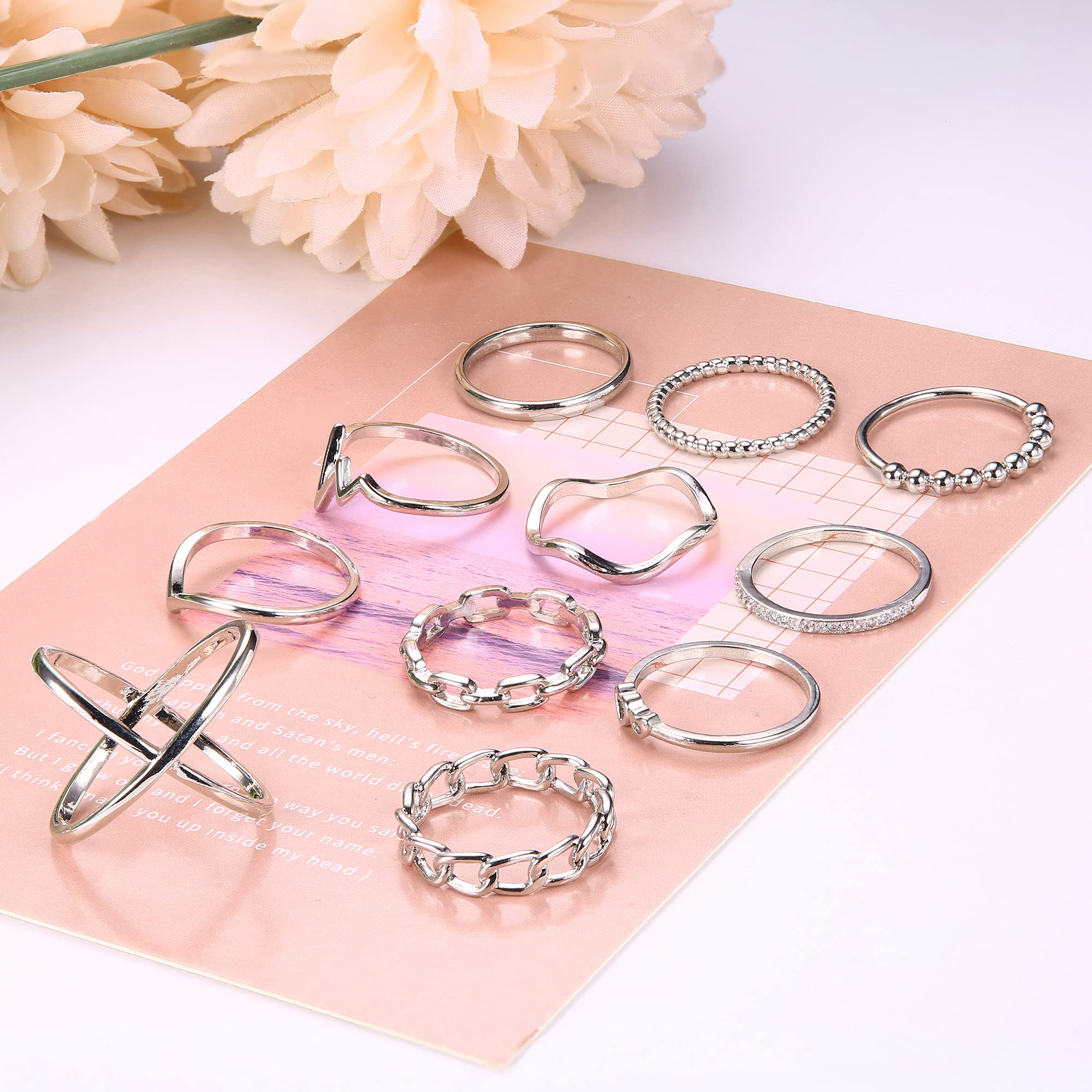 ADRAMATA 11PCS 14K Plated Gold Rings for Women Stackable Rings Set Simple Thin Knuckle Rings Comfortable Plain Band Rings Cross Wave Ring Midi Rings Pack Size Silver 9,Silver