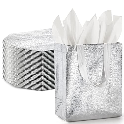 Elsjoy 40 Pack Glossy Reusable Grocery Bags, 10 x 8 Inch Non-woven Tote Shopping Bags with Handle, Silver Shiny Gift Bags Stylish Shopping Bags for Birthday, Wedding, Party, Business