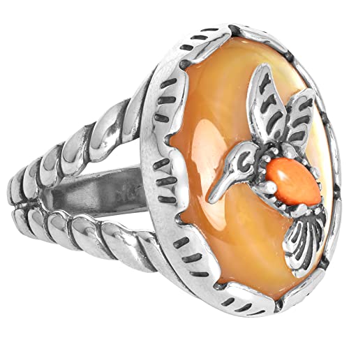 American West Sterling Silver Women's Ring Gold Mother of Pearl & Orange Spiny Gemstone Hummingbird Design Size 9