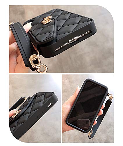 UnnFiko Wallet Case Compatible with iPhone 11, Cute Light Luxury Bag Design, Purse Flip Card Pouch Cover Soft Silicone Case with Handstrap Long Shoulder Strap (Black, iPhone 11)