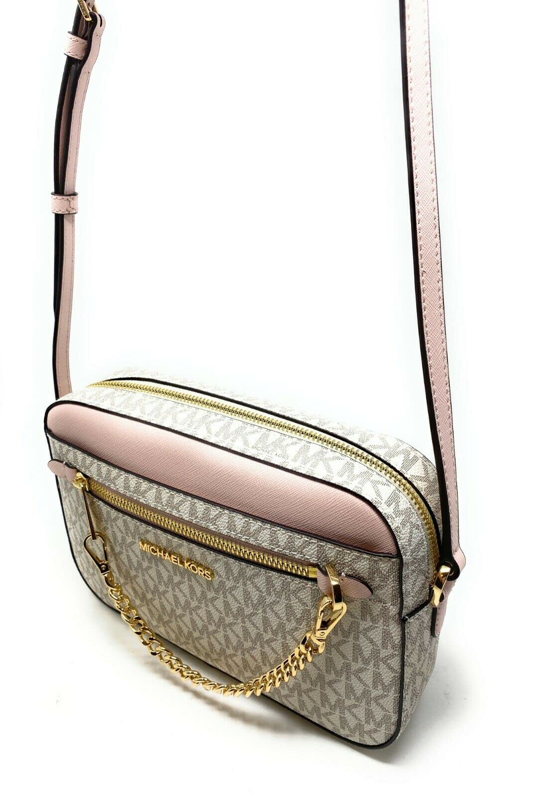 Michael Kors Jet Set Saffiano Leather Crossbody Bag (Vanilla Sig Powder Blush)