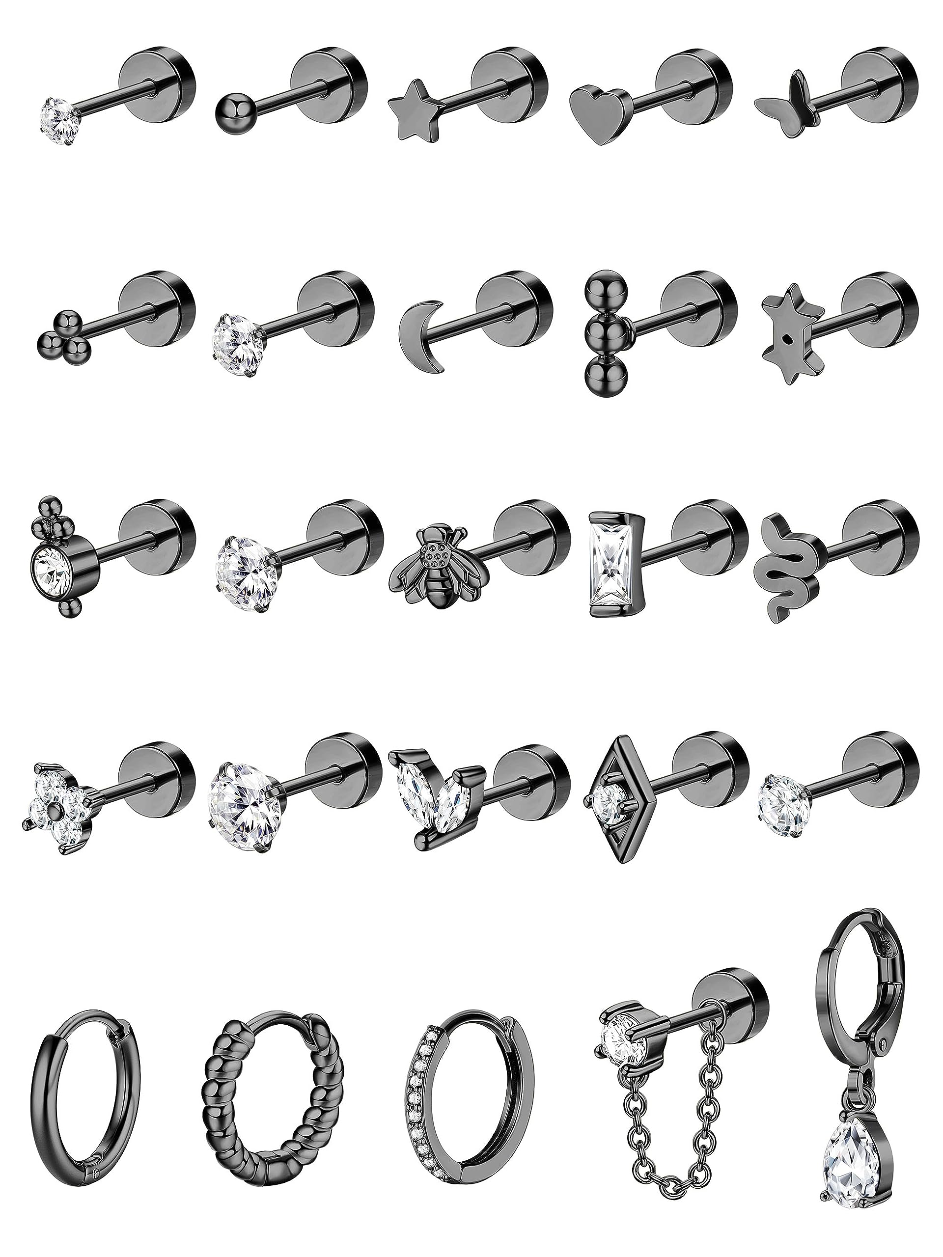 ADRAMATA 24Pairs Flat Back Stud Earrings for Women 20G Tiny Cartilage Earrings Stainless Steel Stud Earrings Set Comfortable Cartilage Piercing Screw Back Earrings Silver